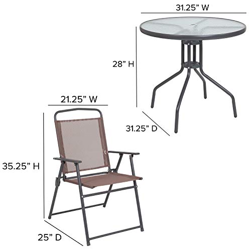 Flash Furniture Nantucket 6-Piece Patio Dining Set with Glass Table, 4 Folding Chairs, and Umbrella, Outdoor Patio Table, Chairs, and Umbrella Set, Black