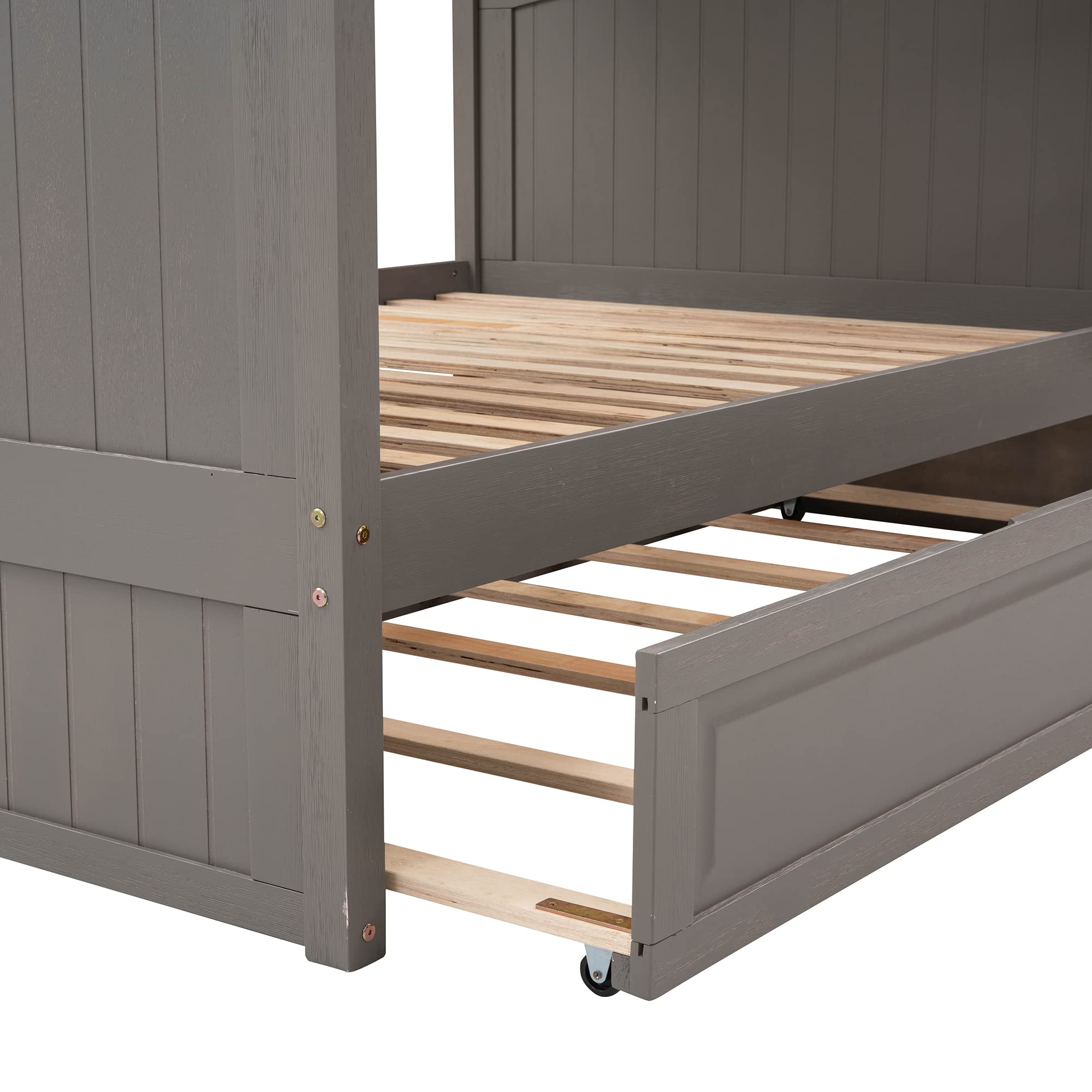BIADNBZ Full-Over-Full Bunk Bed with Twin Size Trundle, Ladders and Full-Length Guardrail,Solid Pine Wood Bedframe for Bedroom Dorm, for Kids Teens,No Box Spring Needed,Brushed Gray