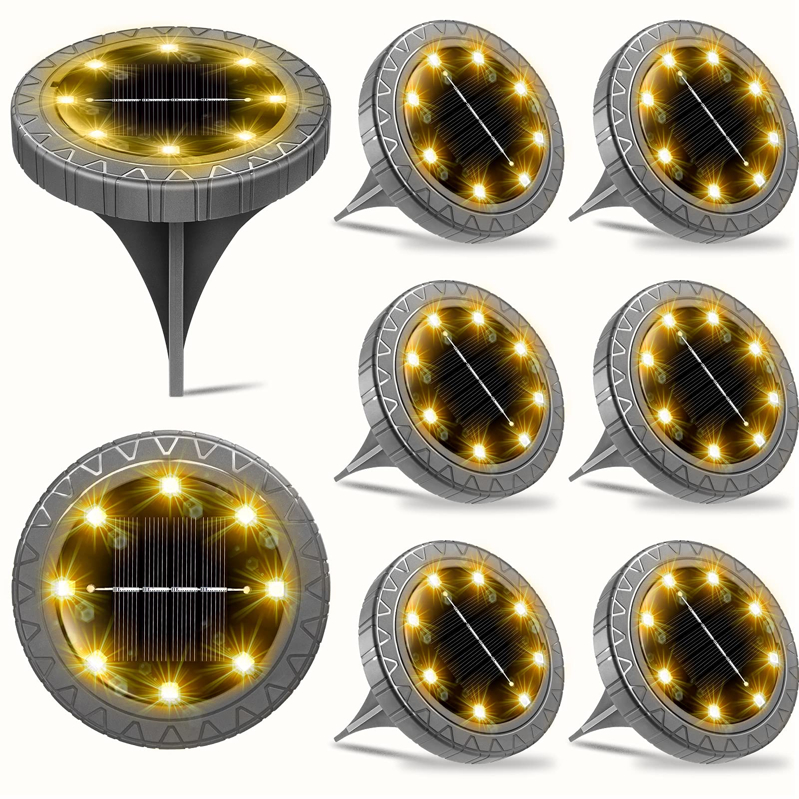 Solar Powered Ground Lights 8 Pack,IP68 Waterproof LED Solar Lights Outdoor Garden Decorative Solar Disk Lights,Solar Landscape Path Lighting for Pathway Yard Walkway Lawn Driveway(Warm White)
