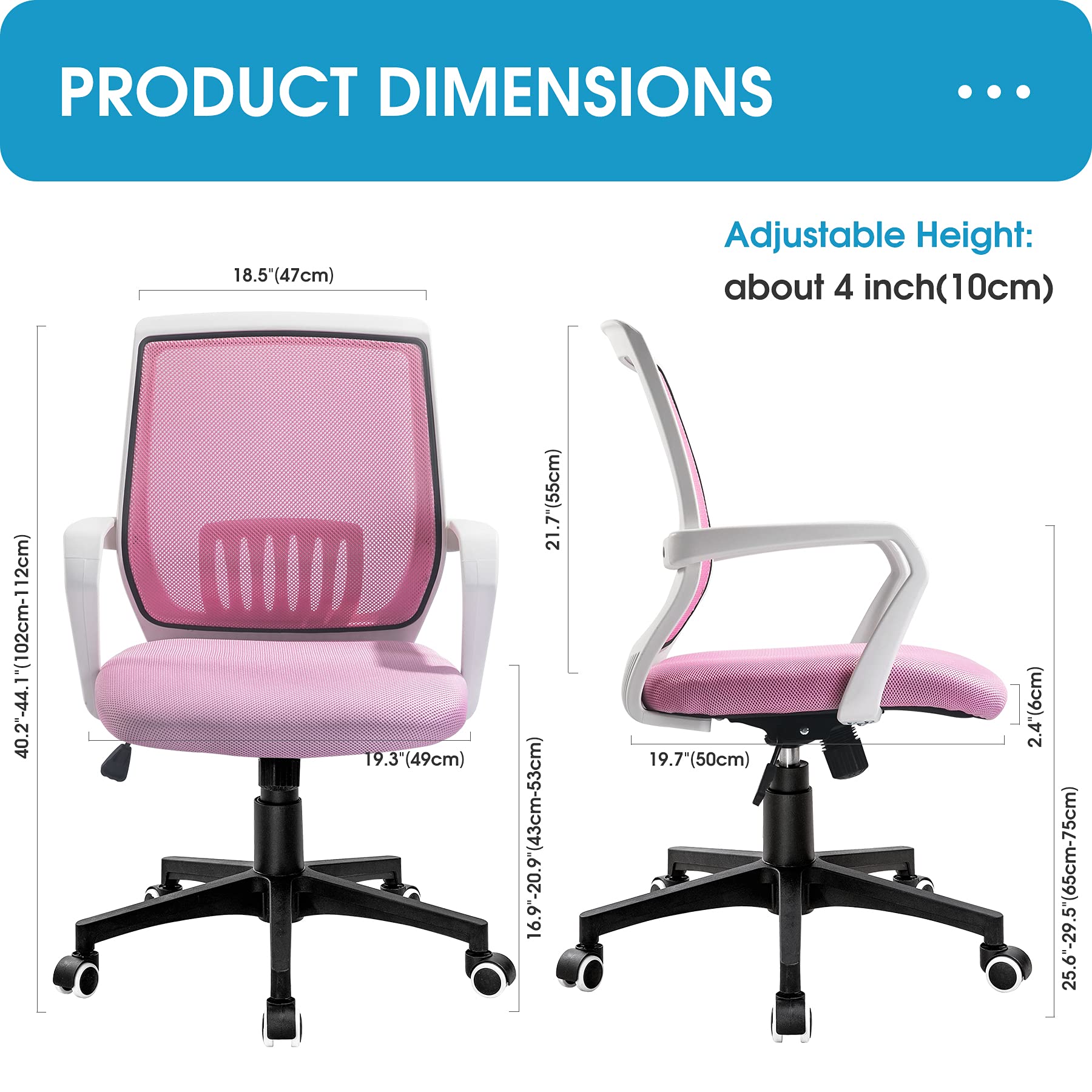BLUERA Office Chair Ergonomic Desk Chair Mesh Computer Chair Swivel Chair with Back Lumbar Support- Multiple Colors-Pink