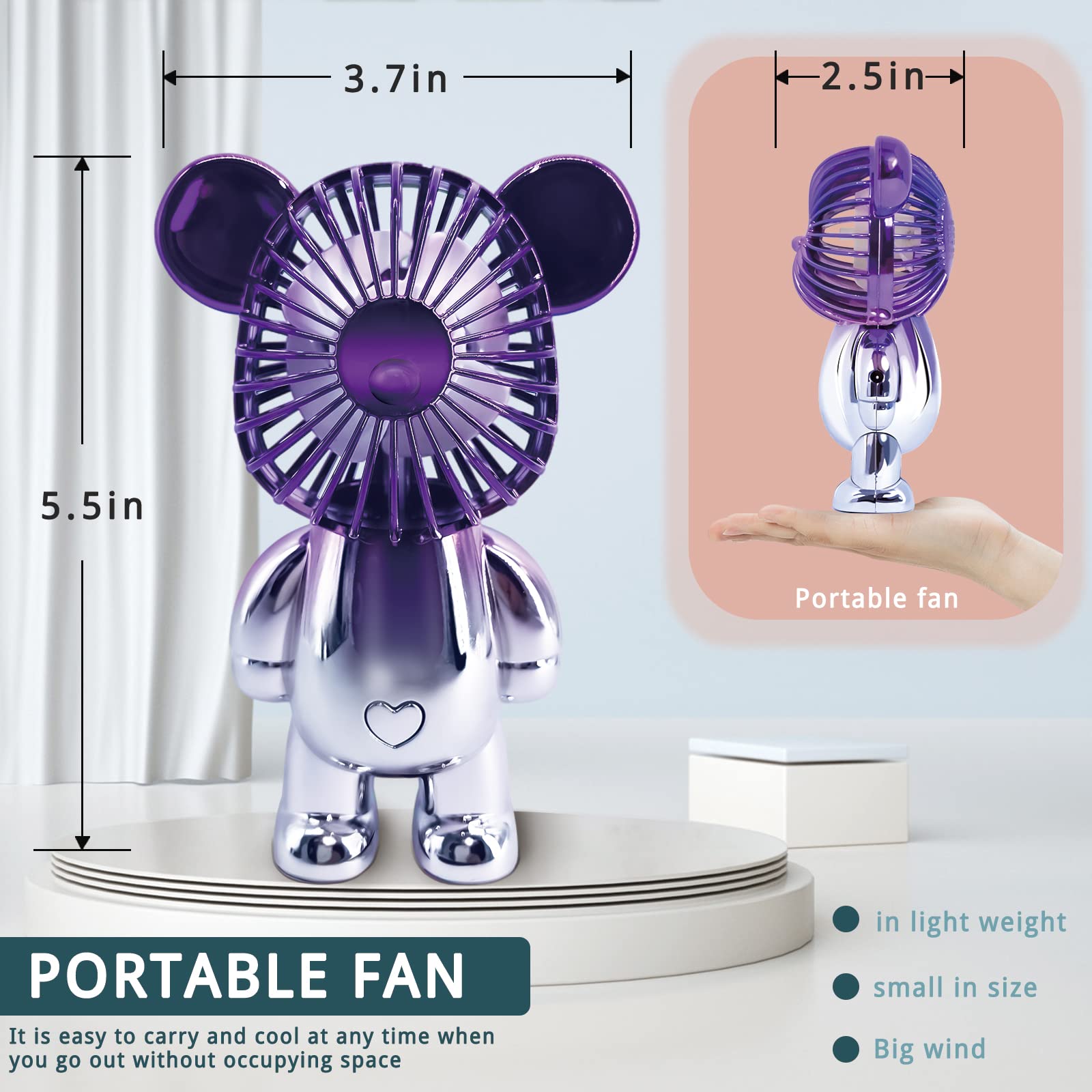 TUNISE USB Desk Fan, Colorful Bear Design Fan, Portable Desktop Fan, Rechargeable Battery Powered Fan, Three Adjustable Air Speeds, USB Connection Charging, Perfect for Office Home Outdoor Travel
