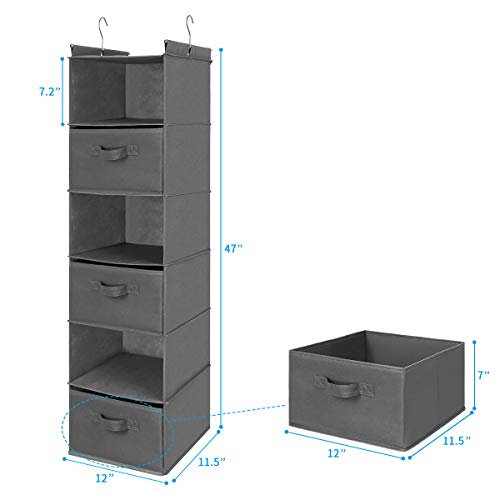 MAX Houser 6 Tier Shelf Hanging Closet Organizer, Closet Hanging Shelf with 2 Sturdy Hooks for Storage, Foldable,Black and Grey-D3