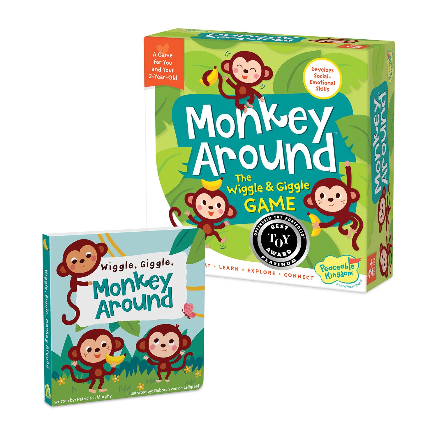 Peaceable Kingdom Monkey Around Toddler Game & Wiggle, Giggle, Monkey Around! Board Book Set β Encourage Movement, Gross Motor Skills and Interactive Play