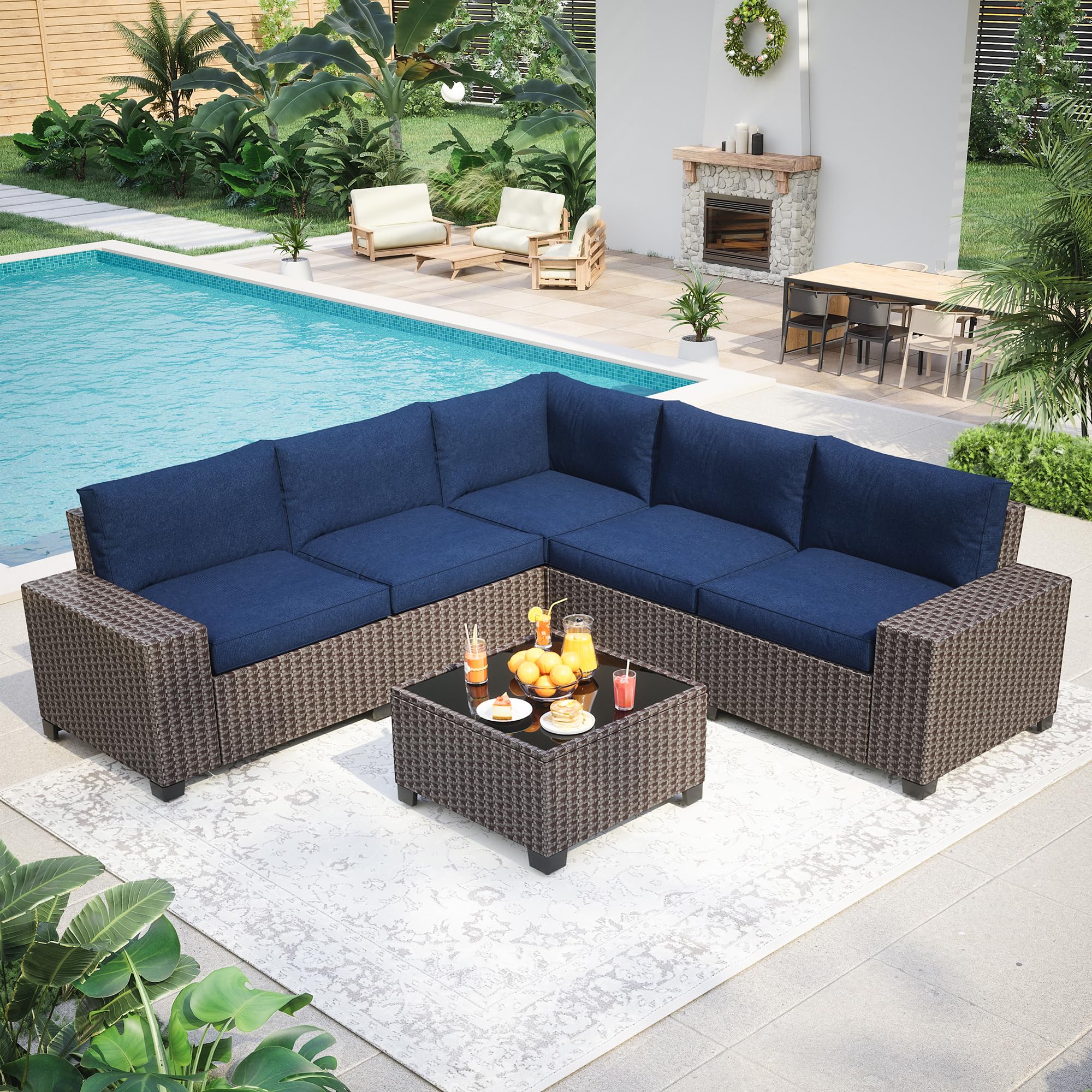 GAOMON 6 Pieces Outdoor Patio Furniture Set, Wicker Patio Conversation Set Sectional Sofa, Brown Patio Sofa with 5 Navy Blue Seat Cushions and 1 Glass Coffee Table