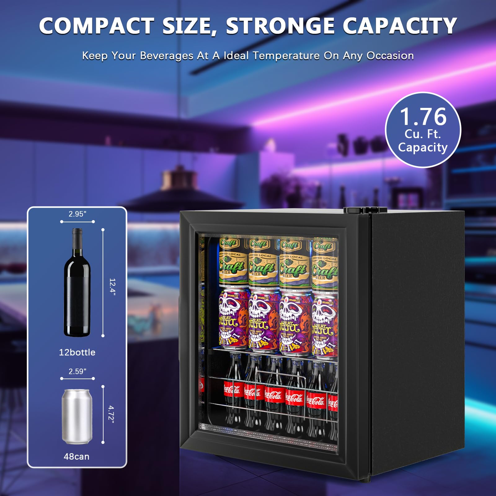 Geekman 75 Can Beverage Refrigerator, Freestanding Mini Fridge With Glass Door and Adjustable Shelving, Small Beverage Fridge for Beer, Soda Drink and Wine, Perfect for Home, Office, Dorm, and Bar