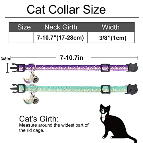 Giecooh 2 Pack Breakaway Cat Collar with Bells,Adjustable Moon and Star Kitten Safety Collars for Boys & Girls,Purple+Teal