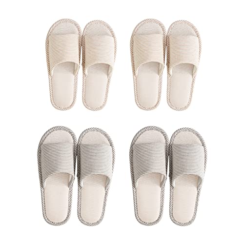 Maltose Washable House Slipper for Guests Reusable 4 Pair Non Slip Thick Bottom Breathable Linen House Slipper for Women Men Couple Spa Slippers Open Toe Bulk (2 Beige Medium Size+2 Brown Large Size)