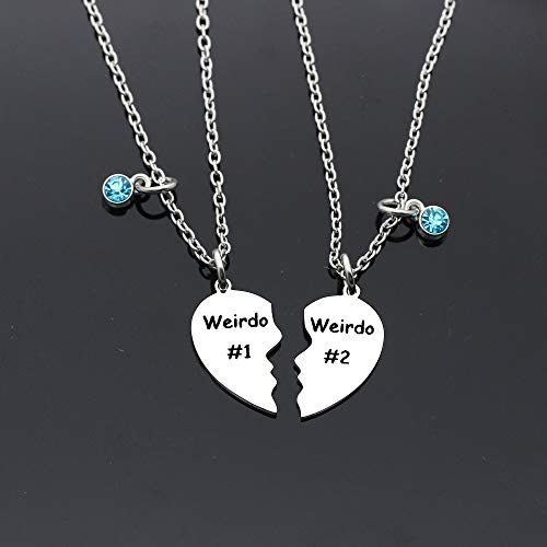 Maxforever Friendship Gift, Weirdo 1 Weirdo 2 Split Heart Stainless Steel Pendant Necklaces BFF Gift for Best Friend (Blue Crystal)