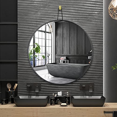 MAMXUAN Black-Round-Mirror, 24-inch-Circle-Mirror, Circle-Mirrors-for-Wall, Wall-Mounted-Circular-Mirror, Metal-Framed-Vanity-Mirror for Bathroom, Black Round Wall Mirror for Entryways, Living Room