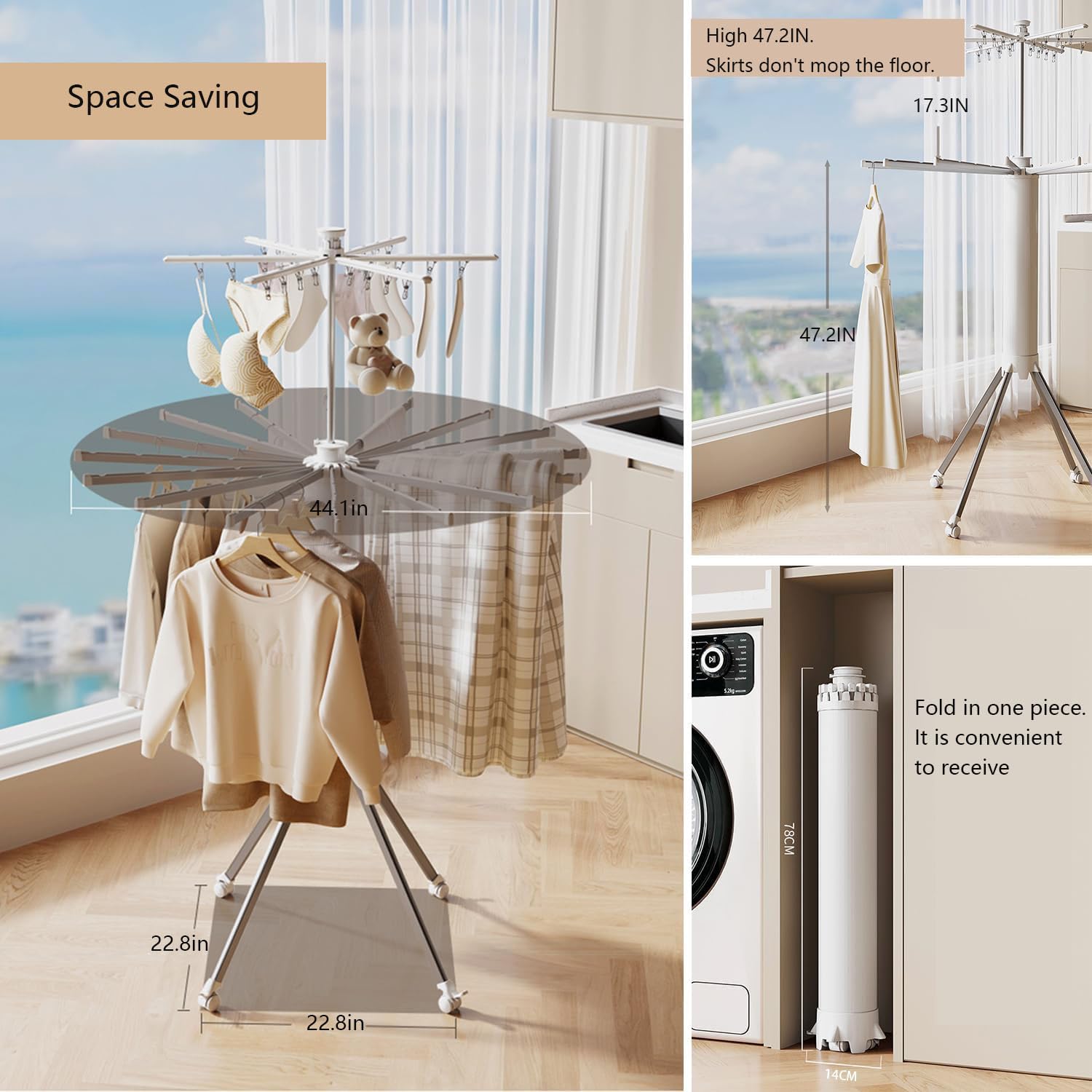 gooatry Double-Layer Four-Foot Clothes Drying Rack,Foldable Portable Clothes Rack with Four Wheels,Drying Garment Rack-16+6Arms for Hanger,Space Saving (Aluminum), Silver