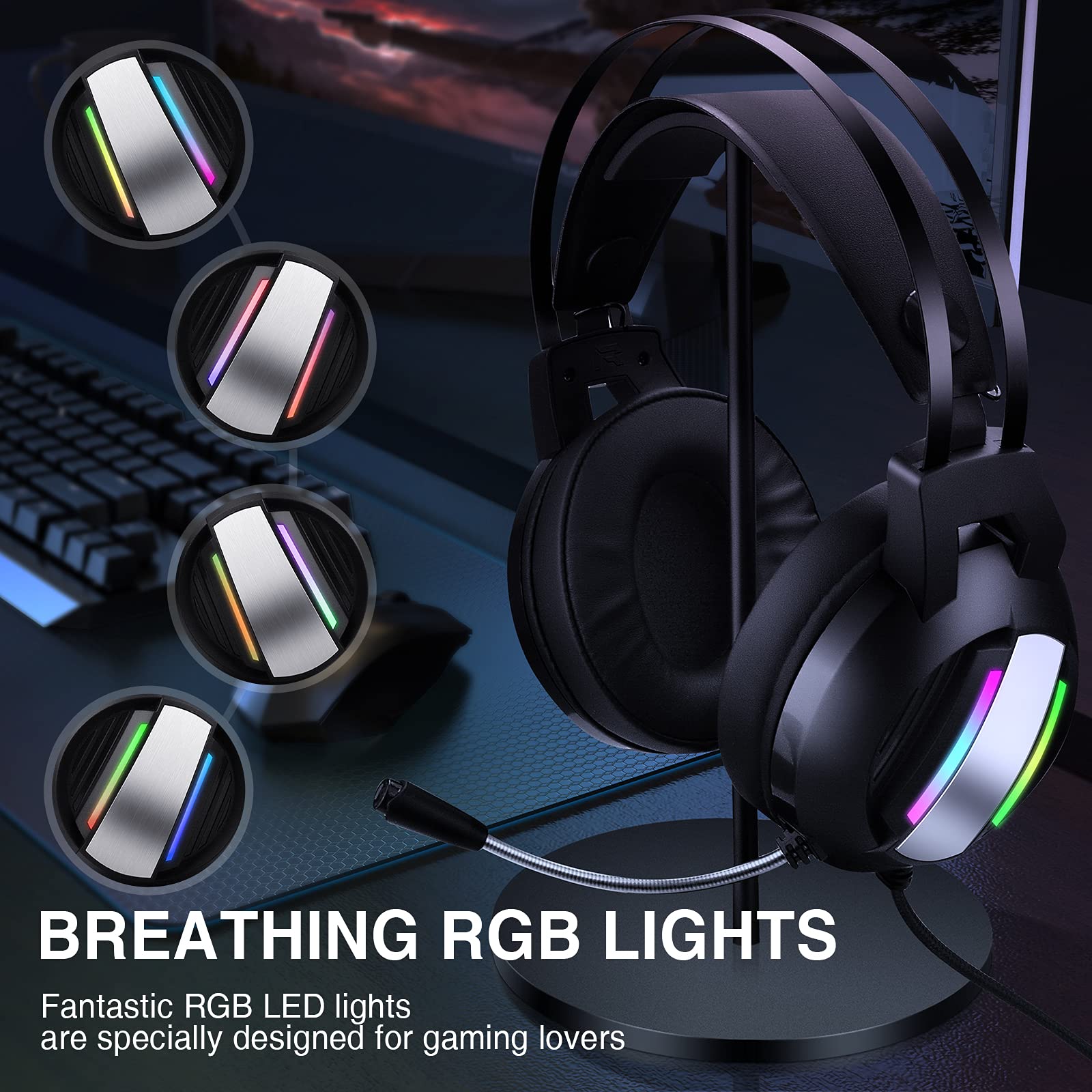 BraveKoi Stereo Gaming Headset, Noise Canceling Gaming Headphones with Microphone and RGB Lights, 3.5mm Wired Gaming Headset for PS5, PS4, Xbox One, PC, Laptop, Nintendo Switch, Tablet