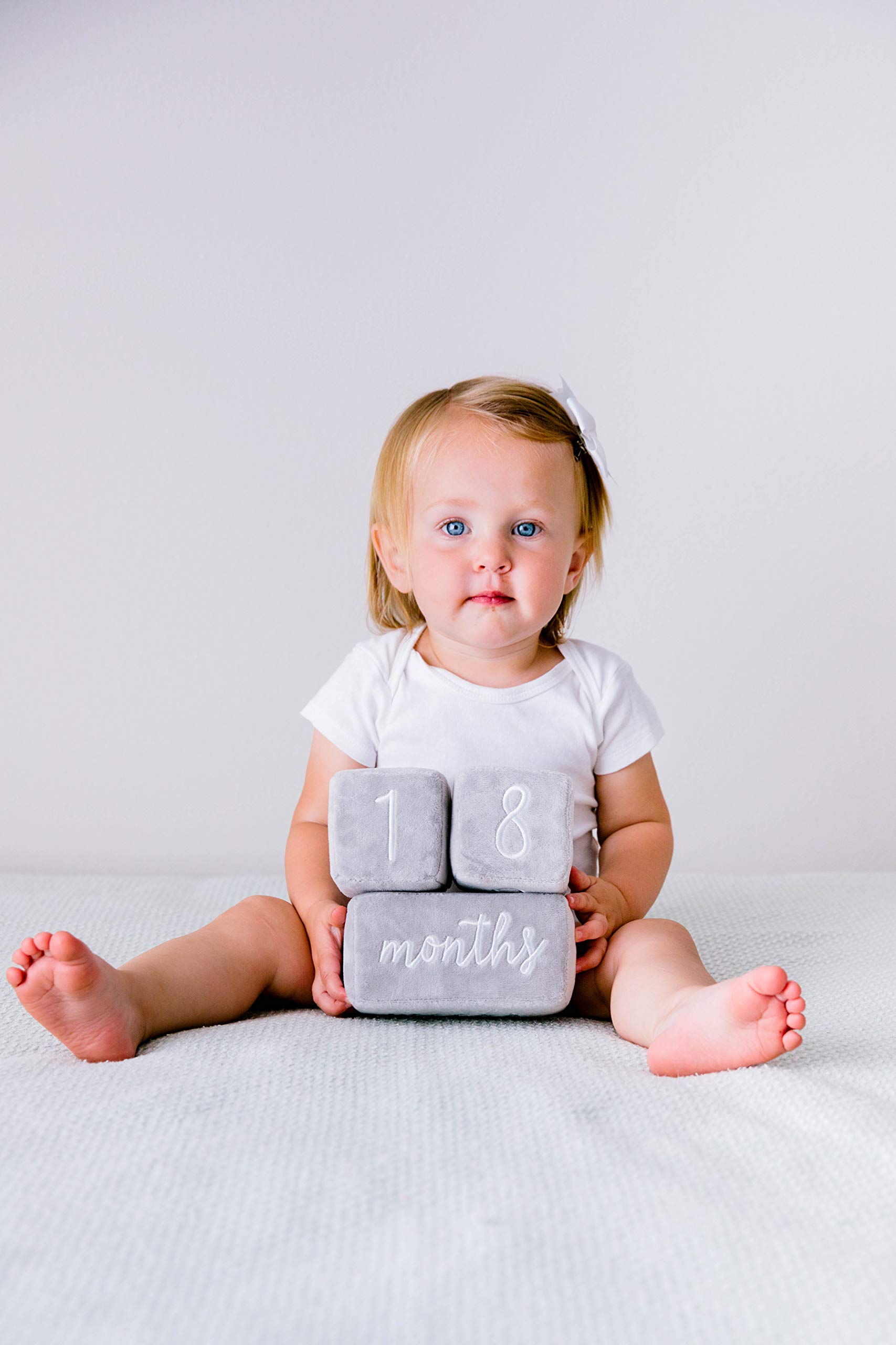Pearhead Baby Plush Photo Sharing Milestone Age Blocks, Picture Prop, Set of 3 Blocks, Gray