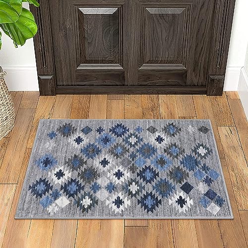 Seavish Small Throw Rugs, 2x3 Grey/Blue Washable Kitchen Rugs Non Slip Low Pile Entryway Rug Soft Faux Wool Floor Carpet Vintage Distressed Accent Rugs for Indoor Front Entrance Bathroom Sink