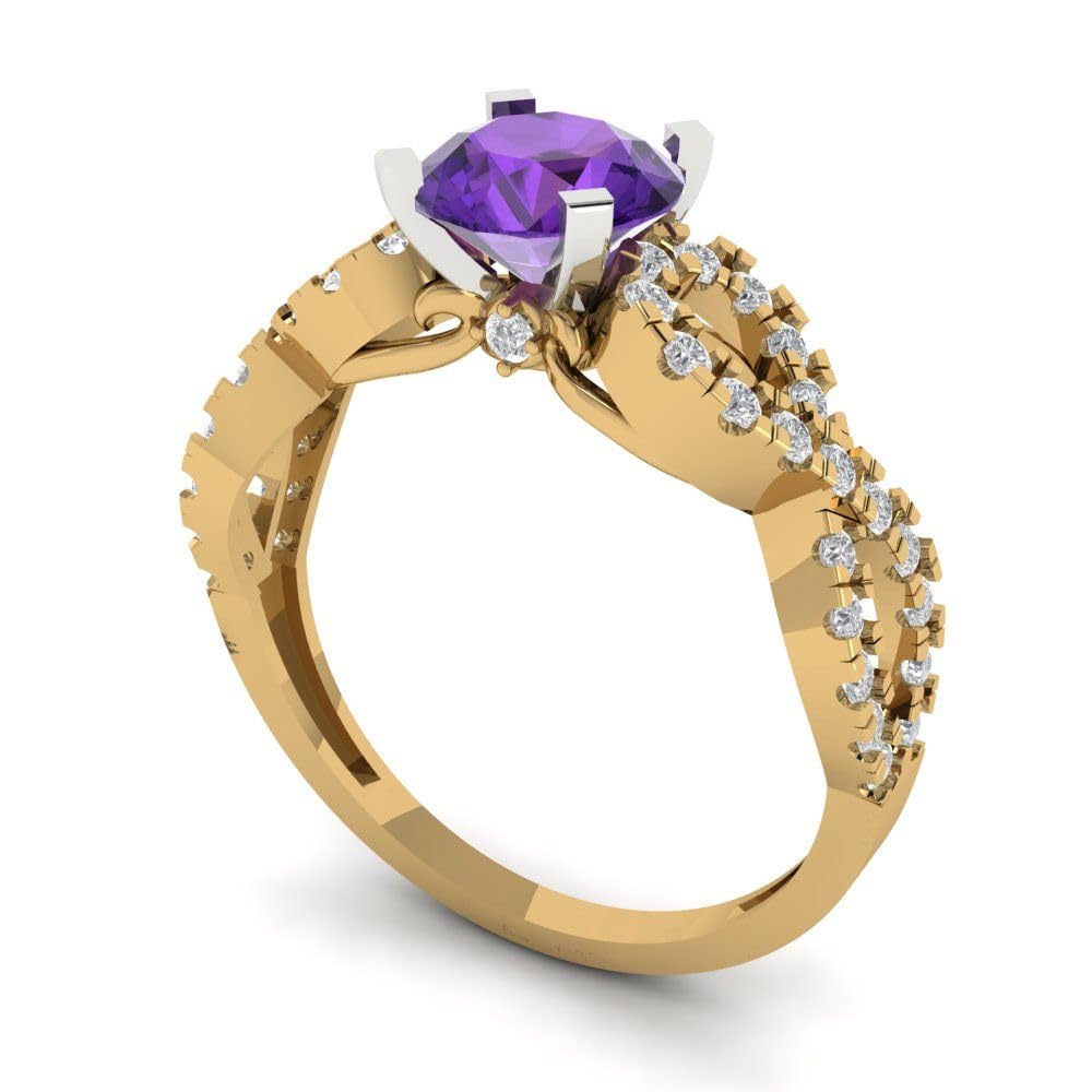Clara Pucci 1.32ct Round Cut Solitaire Natural Purple Amethyst gemstone designer Modern Statement with accent Ring Solid 14k 2 tone Gold