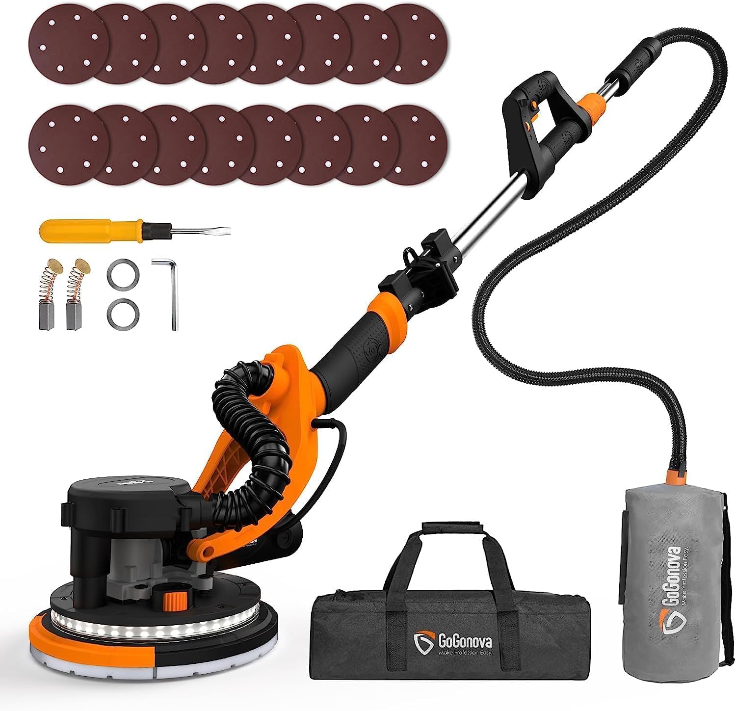 GoGonova Drywall Sander, 950W 7.9A Electric Drywall Sander with Vacuum, Auto Dust Extraction, 6 Variable Speed 500-1900RPM, Foldable Wall Sander with LED Light, 16pcs Sandpaper, Extendable Handle
