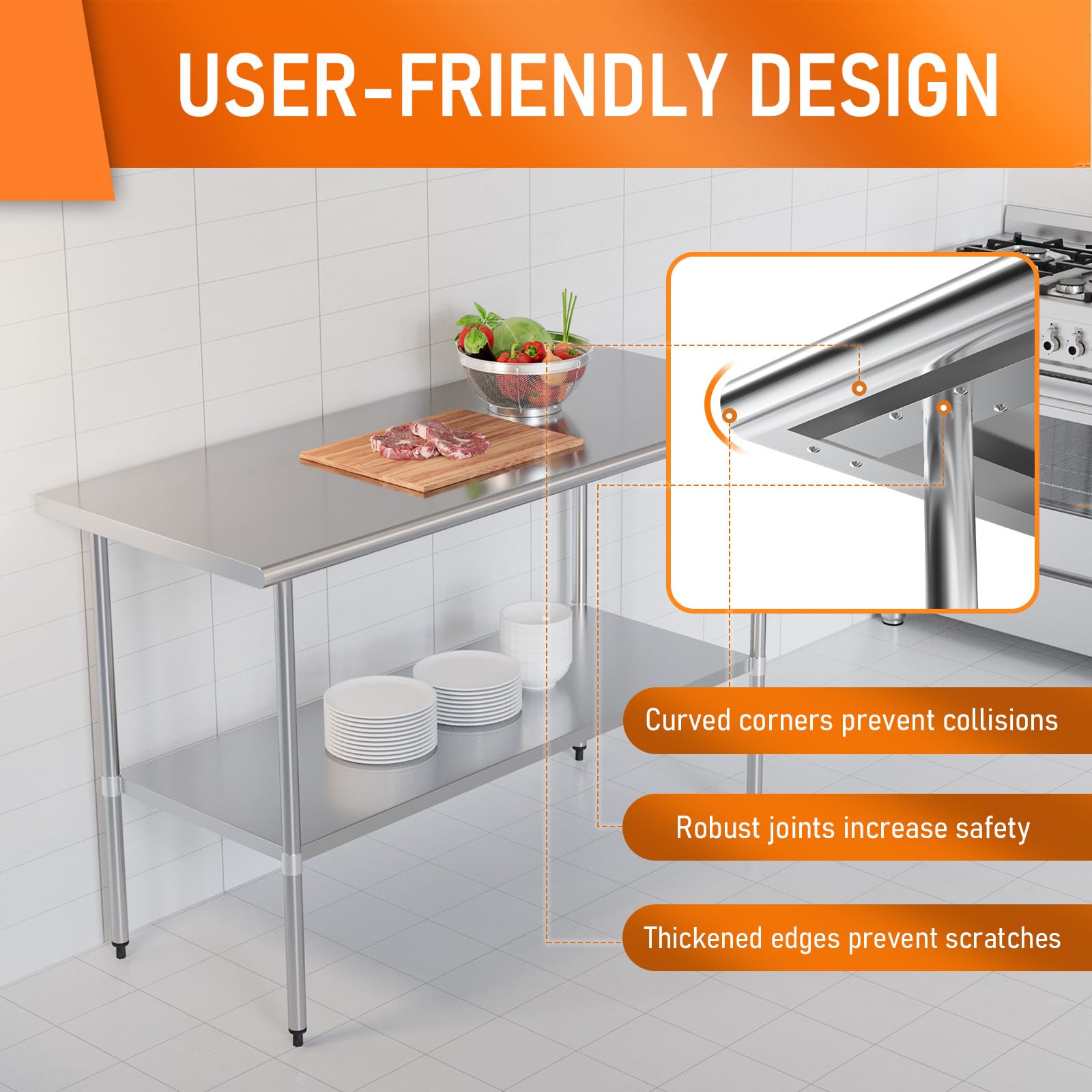 HOCCOT Stainless Steel Table for Prep & Work 24" X 60" inches with Adjustable Shelf, Commercial Workstations, Utility Table in Kitchen Garage Laundry Room Outdoor BBQ