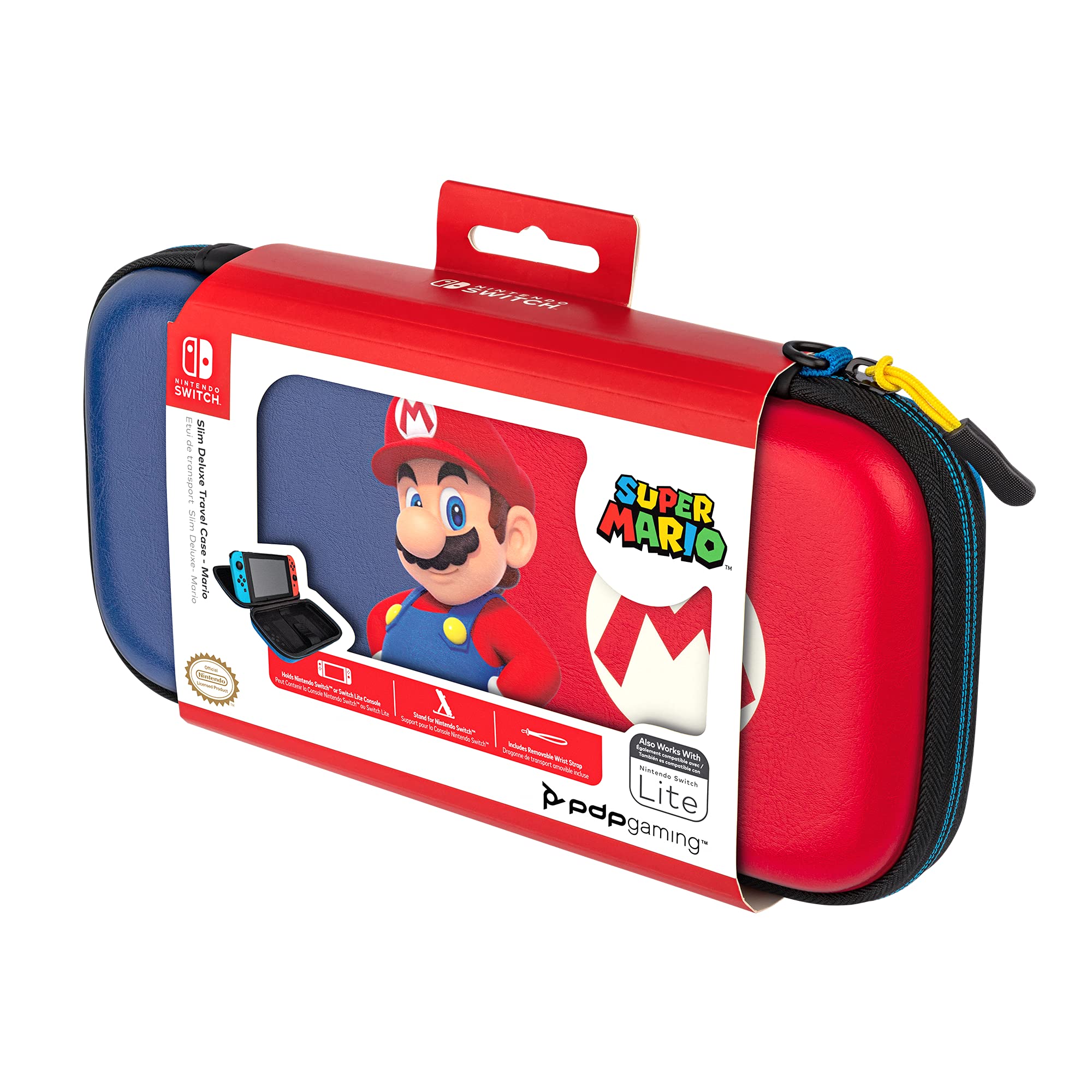 PDP Gaming Officially Licensed Nintendo Switch Slim Deluxe Travel Case - Switch OLED Protective Carrying Case and 14 game holder - Hardshell Protection - Protective Vegan Leather - (Mario Blue / Red)