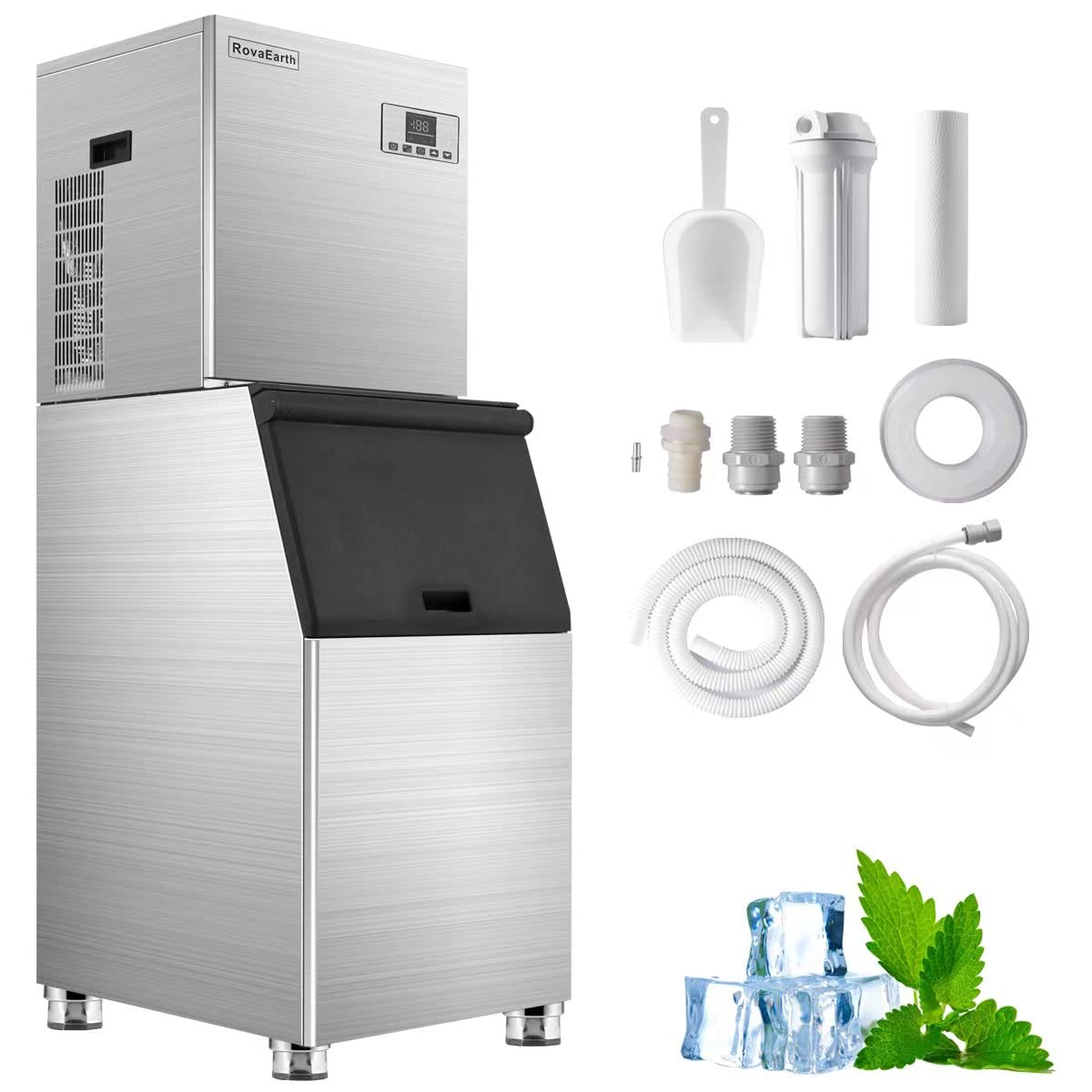 Commercial Ice Maker, SodaPer 110V Automatic Ice Making Machine Stainless Steel 472 lbs/24H, Storage Capacity 350 lbs, Freestanding Ice Maker Machine for Office/Restaurant/Bar/Coffee