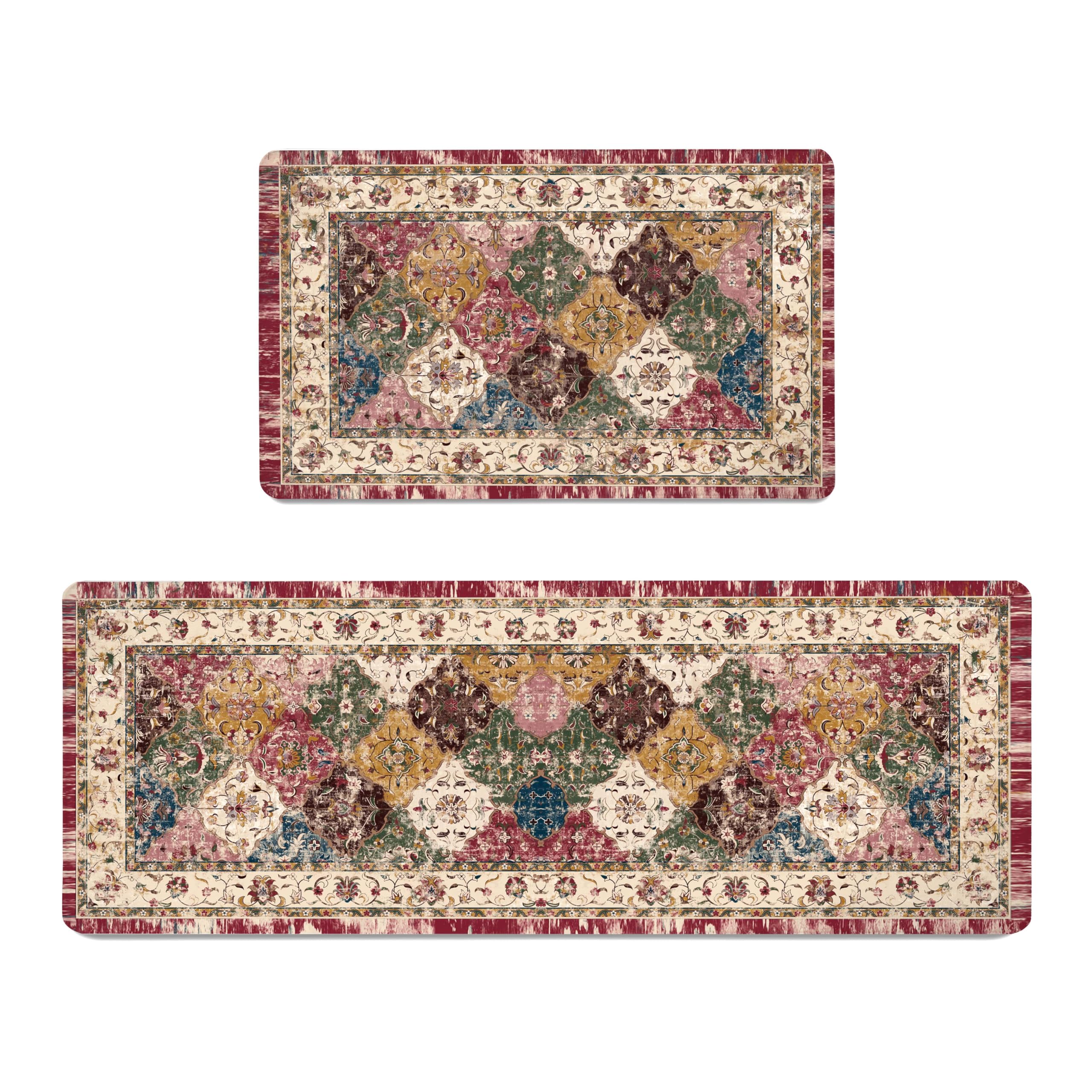 chiinvent Boho Style Kitchen Rugs and mats Set of 2,Retro Farmhouse Kitchen Mats for Sink,Cushioned Anti-Fatigue Comfort Kitchen Waterproof Non-Skid,Laundry Area Rugs Runner 17.3"x28"+17.3"x47"