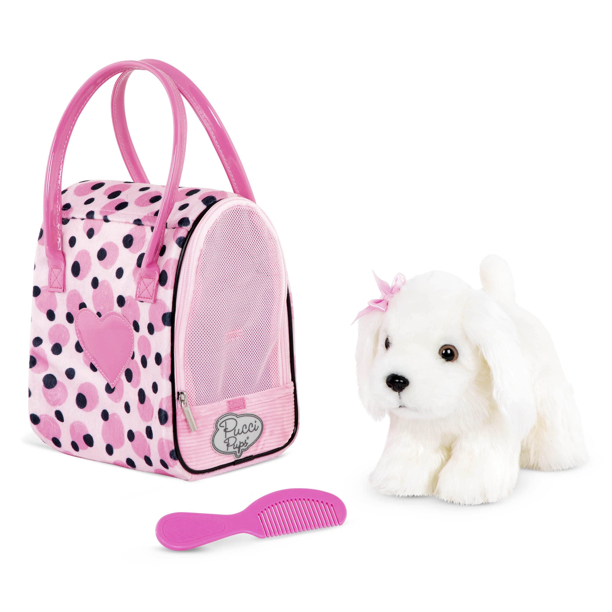 Pucci Pups - Pink Polka Dot Glam Bag with Maltese Pup – Plush Toy Dog with Carrying Dog Bag – Plush Dog for Kids Aged 3 and Up, 8 inches