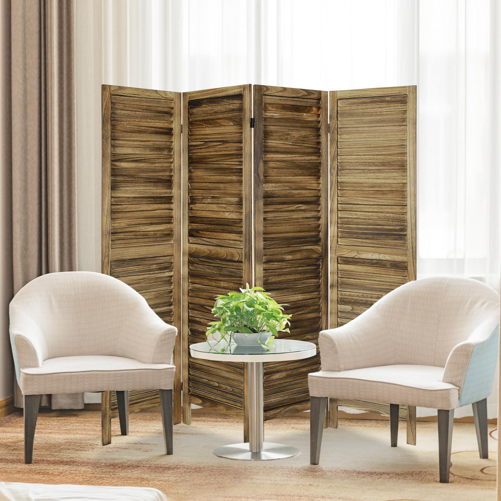 ECOMEX Room Divider 4 Panel with Louvered Design, 5.6ft Tall Wood Partition Room Dividers and Folding Privacy Screens, Freestanding Room Separators Divider Wall Fully Assembled, Brown