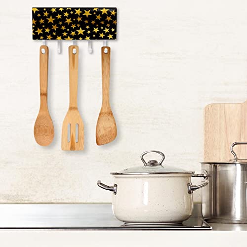 Leather Hook Rack Rail Wall Mounted, Black Background with Golden Stars Coat and Hat Self Adhesive Hooks up for Hanging Pant Towel Key Purse Kitchenware