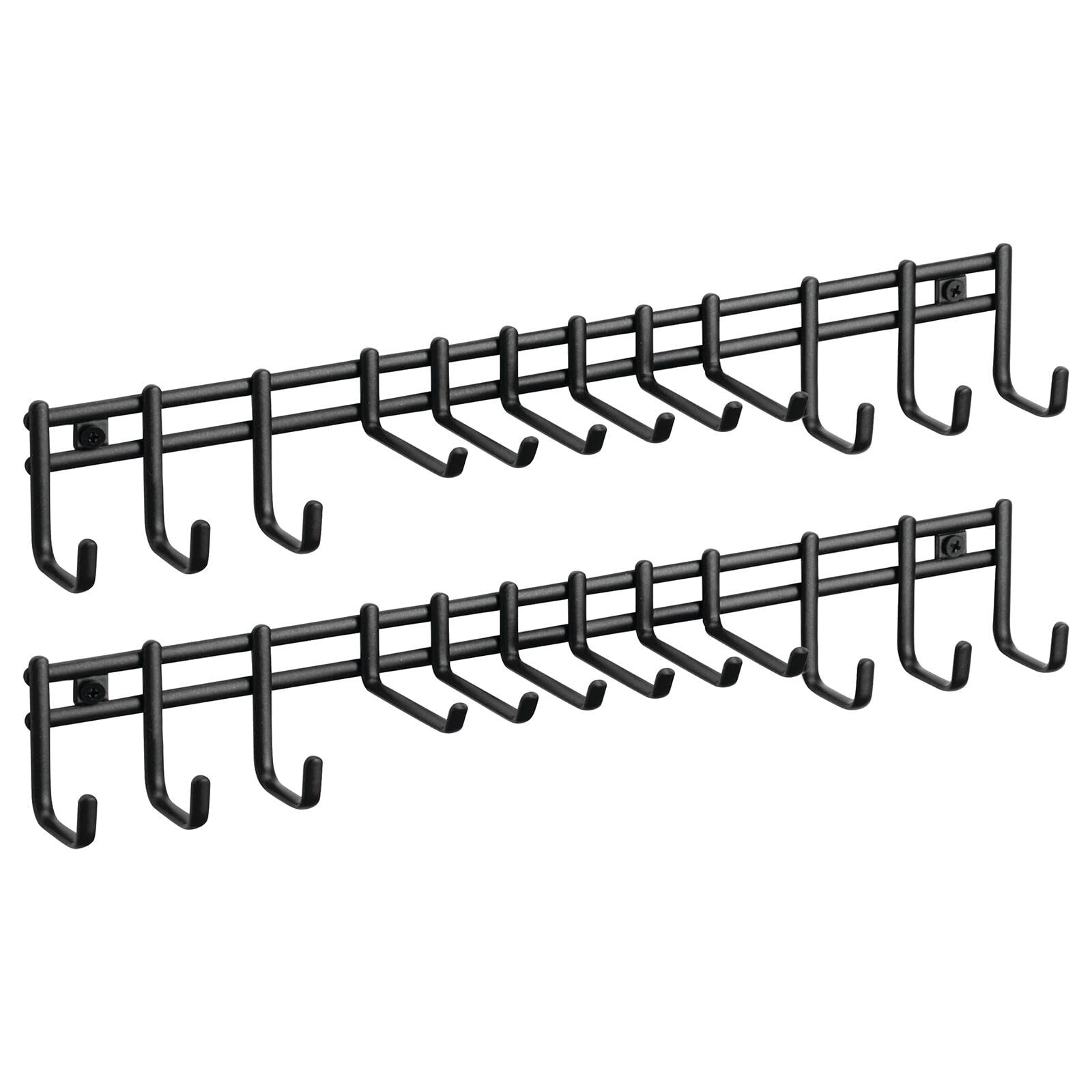 mDesign Closet Wall Mount Metal Accessory Organizer and Storage Center - Modern Slim Holder for Womens and Mens Ties, Belts, Scarves, Sunglasses, Watches - 12 Hooks, 2 Pack, Matte Black