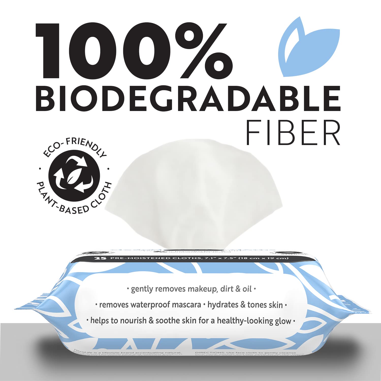 HEROLIFE Micellar Makeup Remover Cleansing Facial Cloths,Pre-moistened, Single-Use, , 1 pack of 40, Large size 7.1β x 7.5β Biodegradable individually Wrapped Wipes formulated with Plant-Based derived ingredients