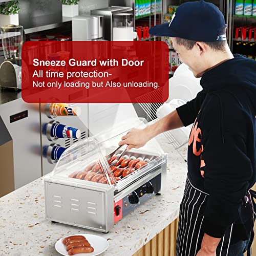CROSSON Hot Dog 7 Roller Grill Cooker Machine with Transparent Sneeze Guard,7 Nonstick 304SS Rollers and Dual Temp Control,Commercial Hot Dog Cooker Machine-120V, 830W