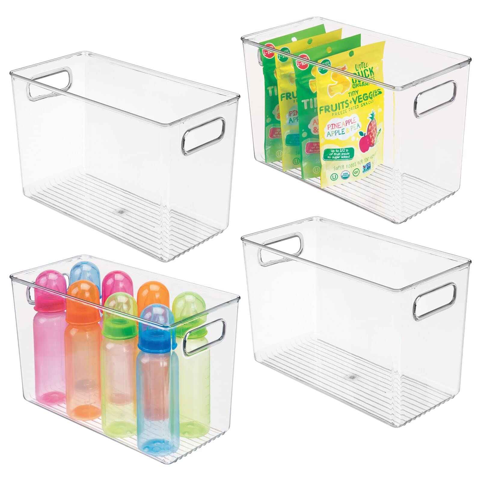 mDesign Plastic Storage Organizer Bin with Handles for Baby or Kids - Containers for Nursery, Playroom or Daycare - Holder for Snacks, Toys, Food, Diapers, or Wipes - Ligne Collection, 4 Pack, Clear