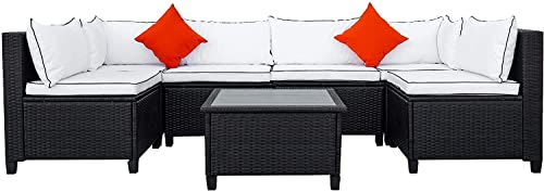 GAOPAN 7 Piece Garden Outdoor Modular Wicker Furniture Set, Sectional Rattan Sofa Patio Lounge & Deep Seating Conversation Furnishings with Cushions,Accent Pillows & Coffee Table, White+Black