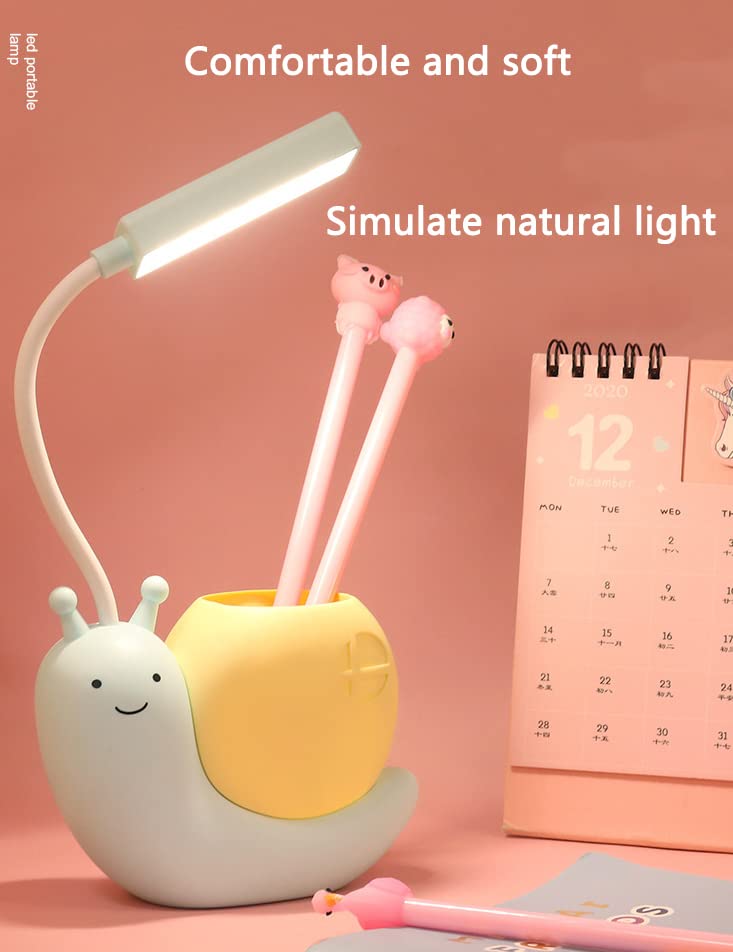 Cute Kids Lamp with Pen Holder,LED Desk Lamp for Child,Snail Shape USB Charging Student Learning Eye Protection Lamp with 360° Bendable Adjustable Neck Pink