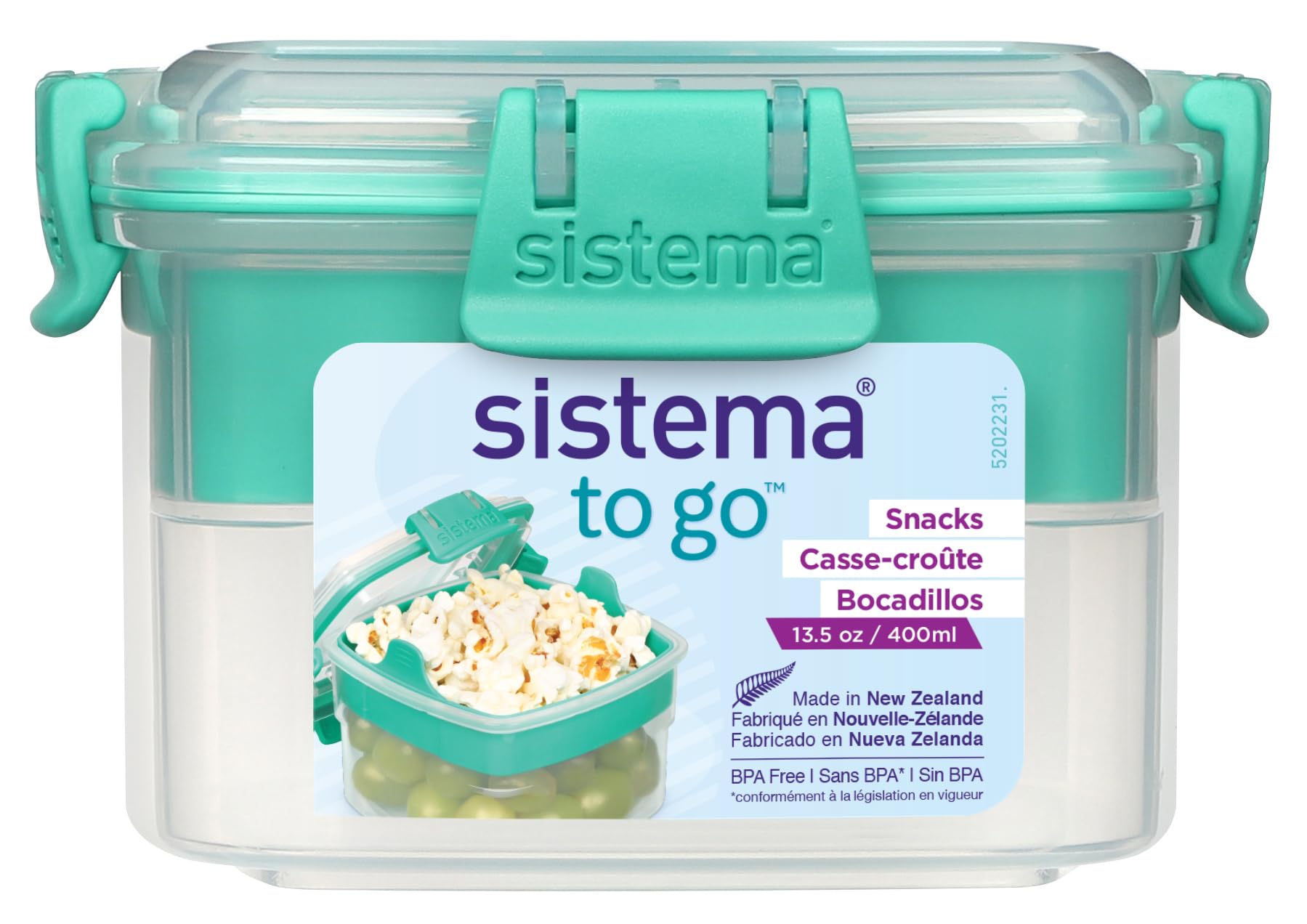 Sistema To Go Collection, 13.5 oz./0.4 L, Portable Snack Container with Separate Compartments, Flexible Seal & Easy-Lock Clips, BPA & Phthalate Free, Color May Vary