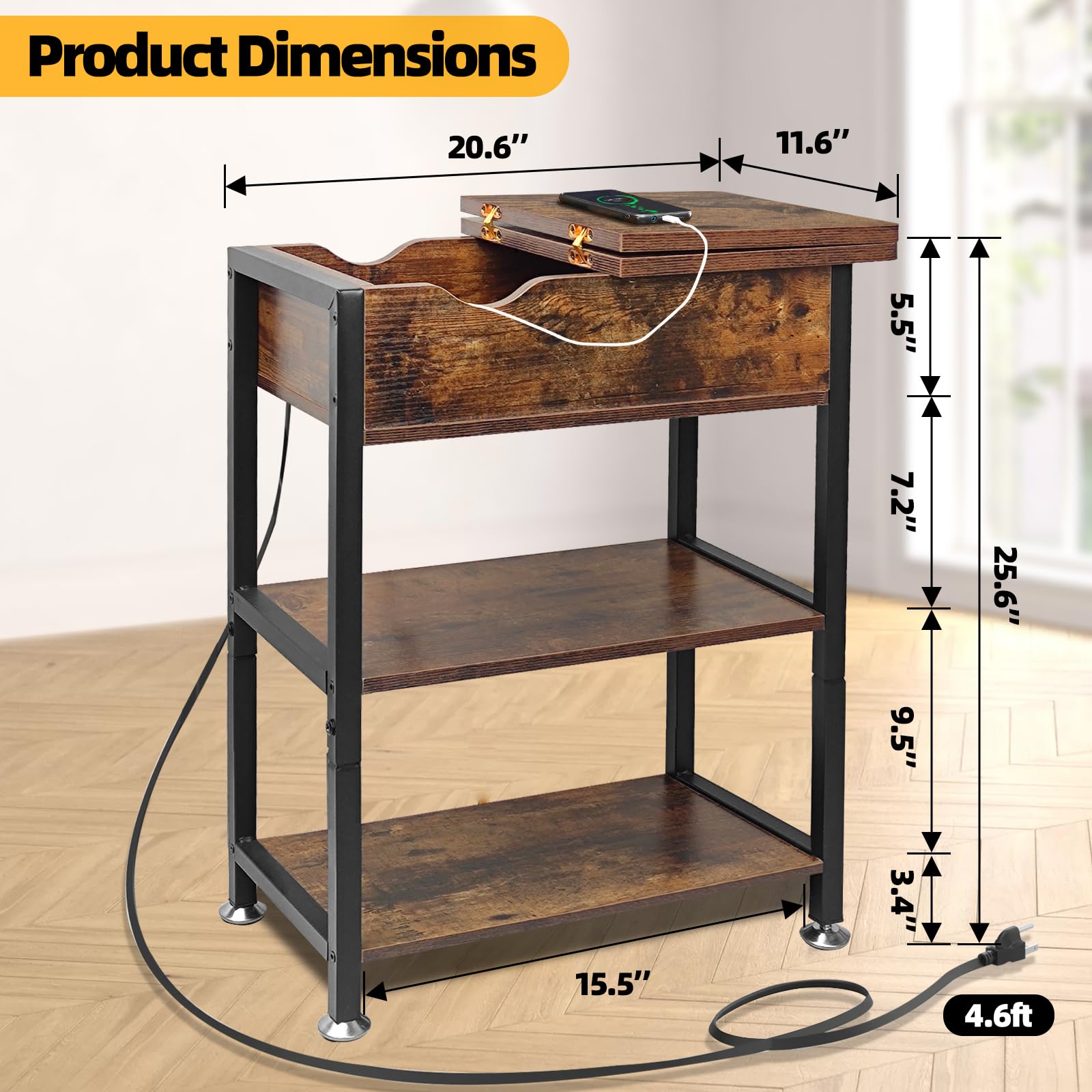 Flip Top Side Table with Hidden Charging Station - 12"Dร21"Wร26"H Compact End Table for Small Spaces, with Storage and 2 Shelves, Metal and Wood End Tables for Living Room, Slim Sofa Side Tables,Brown