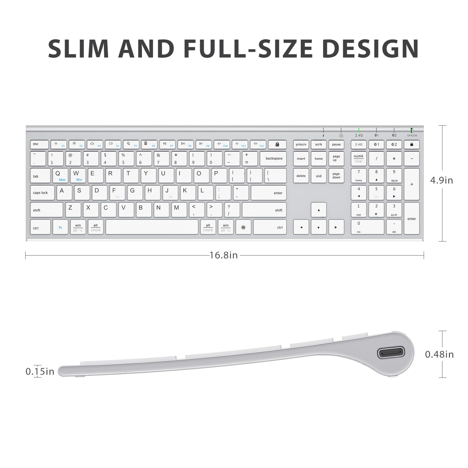 Bluetooth Keyboard, iClever DK03 Wireless Keyboard Multi-Device Keyboard, Dual Mode (Bluetooth 4.2 + 2.4G) Ultra-Slim Full-Size Keyboard for Mac, iPad, Apple, Android, Windows, Connect Up To 3 Devices