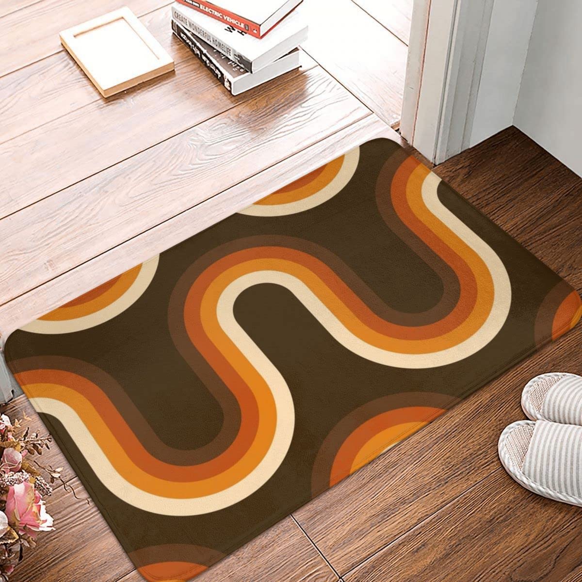 CRODY 3D Printed Door mat 70s Orange and Brown Waves Polyester Non-Slip Rug Kitchen Bedroom Welcome mat Home Decoration Housewarming Gift 50x80