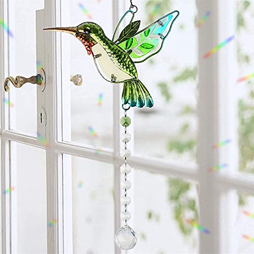 Stained Glass Hummingbird Window Hangings, Indoor Window Hanging Crystals Ornaments, Hanging Clear Crystals Ornament Decoration for Home, Garden, Office (Green)