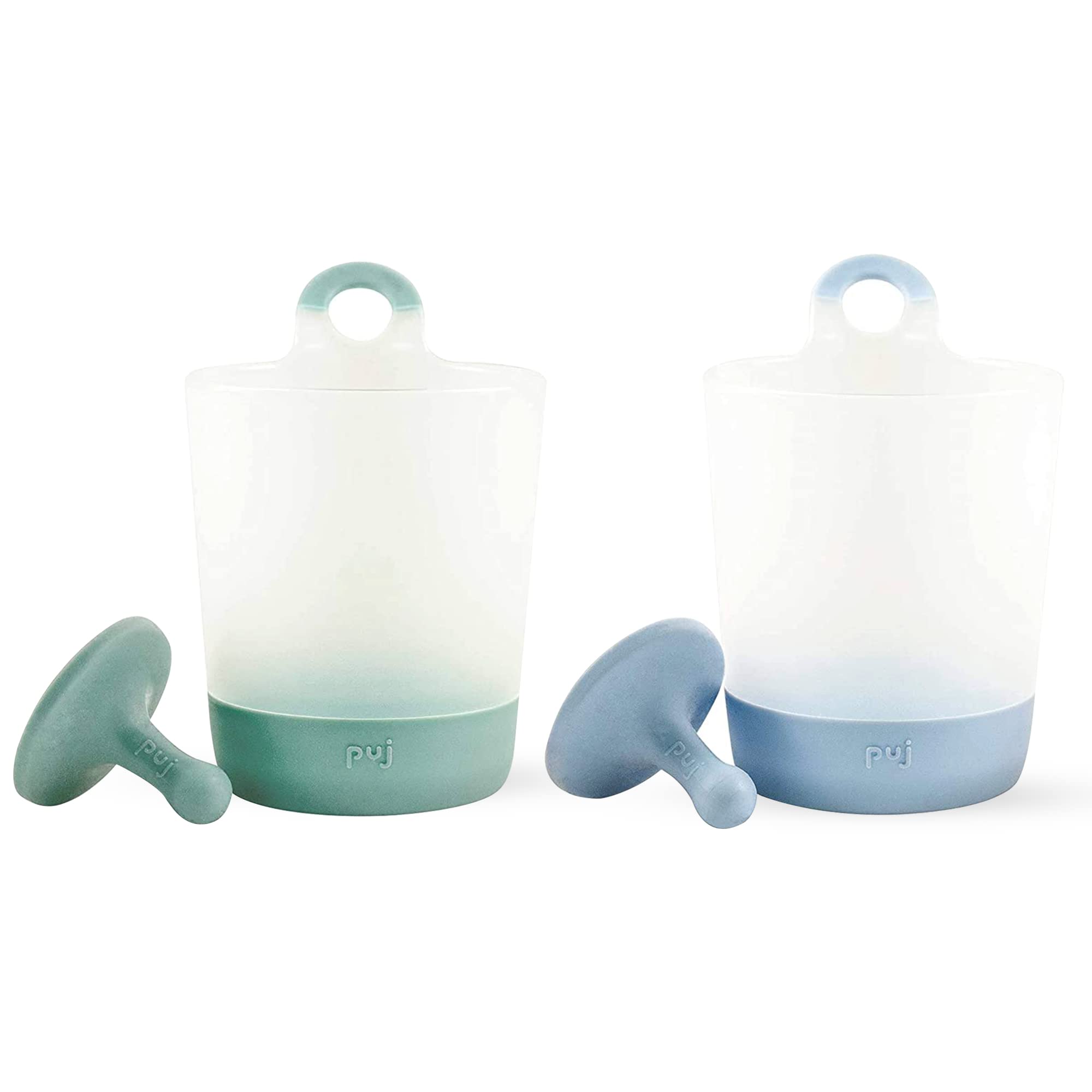 Puj Phillip Cups for Kids - Hangable Training Cups - Rinse-and-Play Reusable Plastic Cups with Grippy Hooks - Dishwasher Safe - Set of 2 (Sage and Periwinkle)