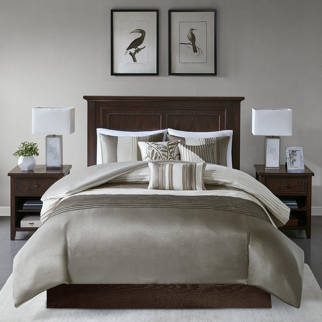 Madison Park Amherst Size-Khaki, Ivory, Stripes Duvet Set β 6 Piece β Ultra Soft Microfiber Light Weight Bed Comforter Covers, King/Cal King(104"x92"), Natural