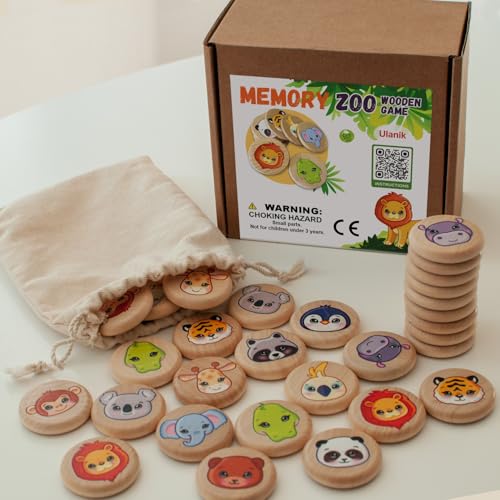 Ulanik Wild Animals Matching Memory Game for Toddlers Age 3 + Year Old Preschool Wooden Board Games for Kids 4-8 Learning & Education Toys β 30 Chips, 1.57 in