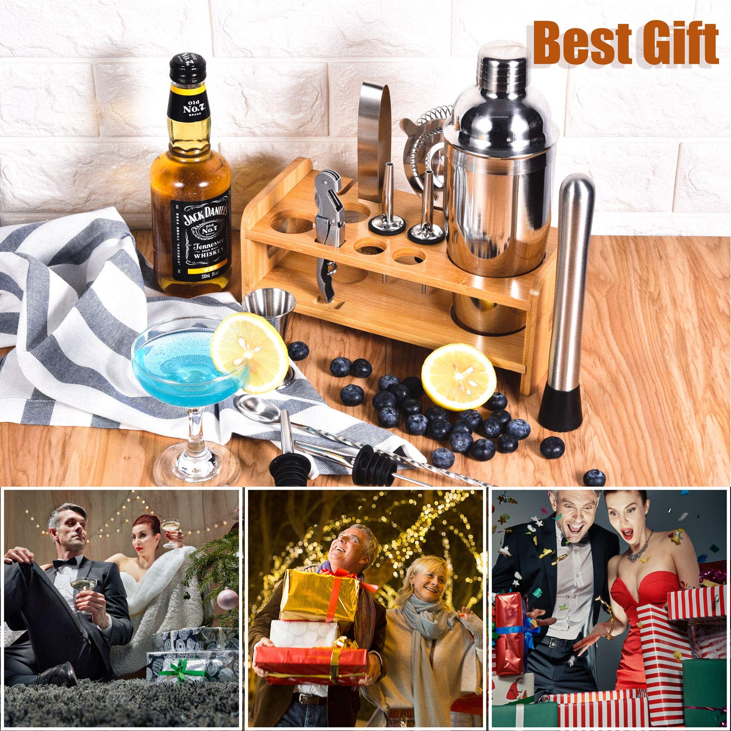 Esmula Bartender Kit with Stylish Bamboo Stand, 12 Piece Cocktail Shaker Set for Mixed Drink, Professional Stainless Steel Bar Tool Set - Cocktail Recipes Booklet(25 oz)