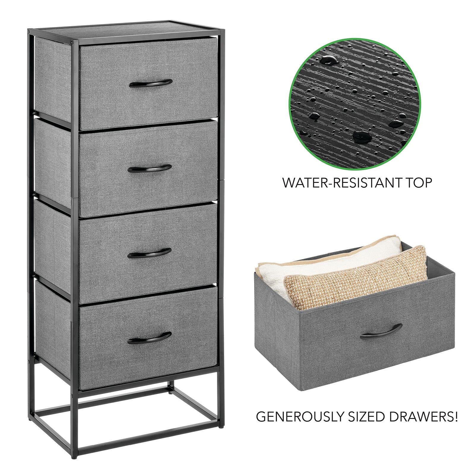 mDesign Tall, Vertical 4-Drawer Dresser Storage Tower - Sturdy Steel Frame, Easy Pull Fabric Bins/Wood Handles - Organizer Unit for Bedroom, Hallway, Entryway, Closets - Charcoal Gray
