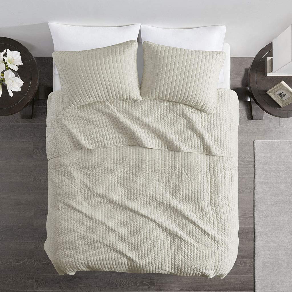 Madison Park Keaton Quilt Set-Casual Channel Stitching Design All Season, Lightweight Coverlet Bedspread Bedding, Shams, Full/Queen(90"x90"), Stripe Cream, 3 Piece