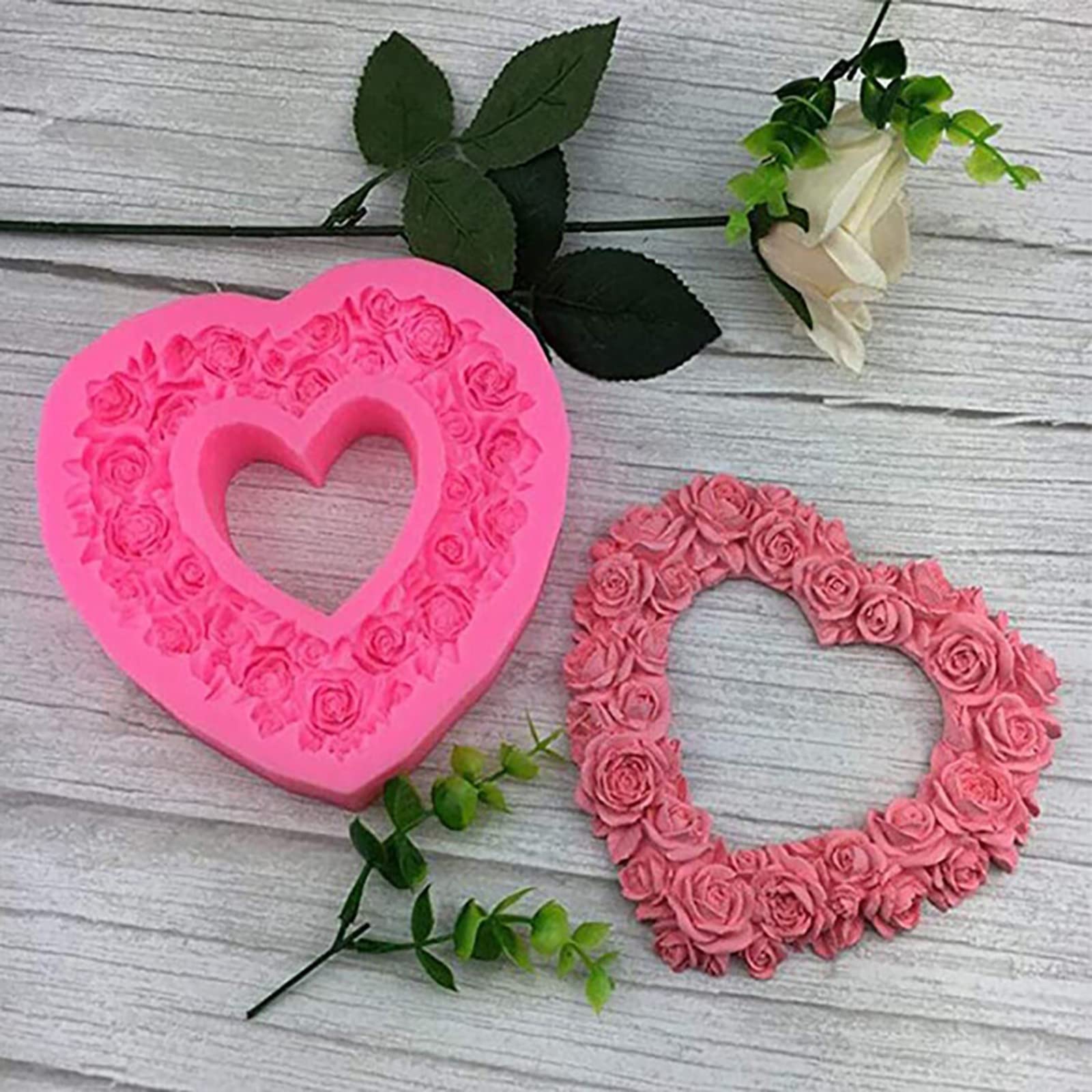 Shan-S Valentine Silicone Molds,3D Heart Rose Chocolate Molds,Fondant Mold Embossed Love Garland Mould, Heart Wreath Mould,DIY Cake Decoration Mousse Cheesecake Desserts Model Baking Pastry Tool,Pink