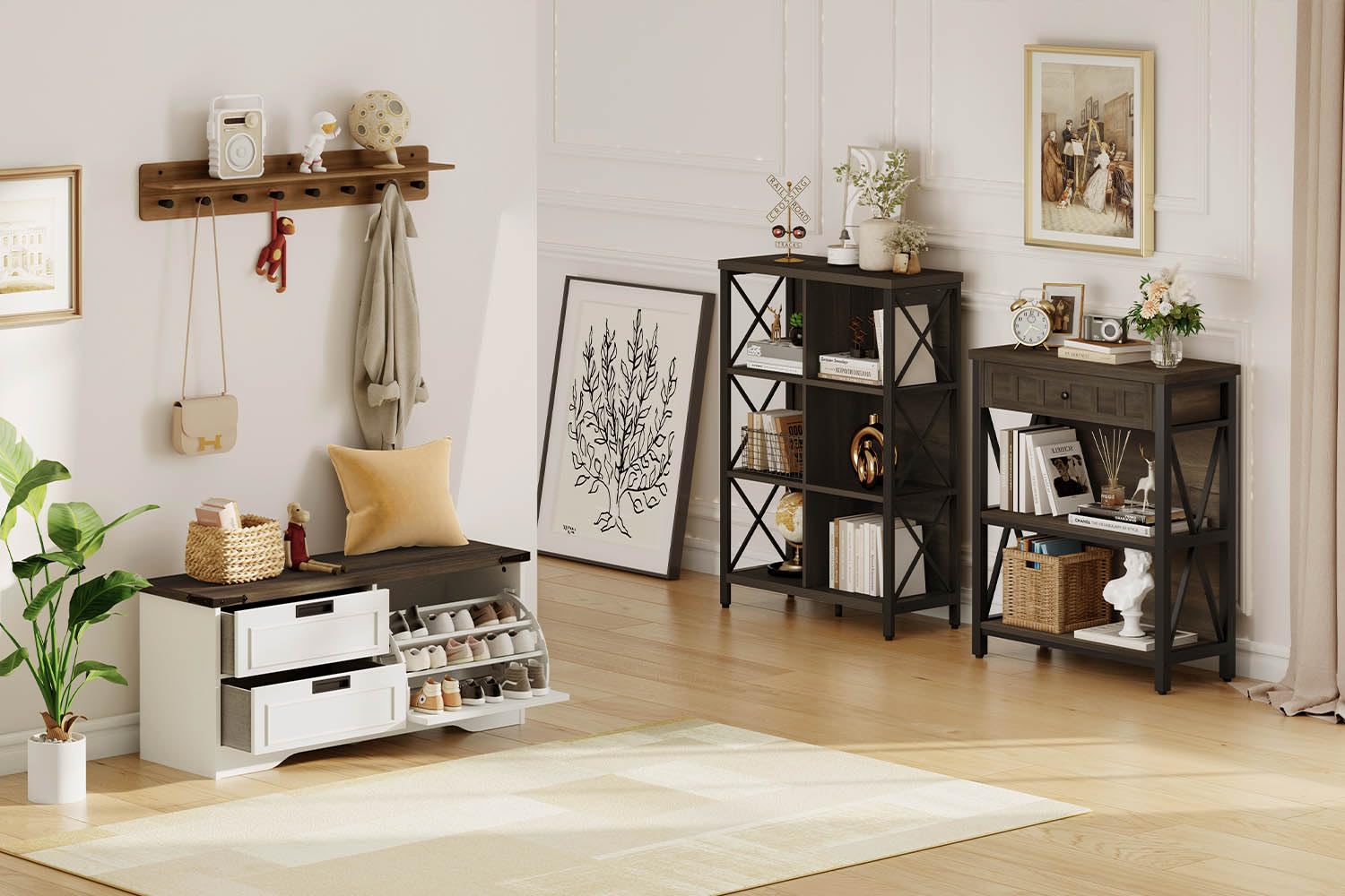 FATORRI Bookshelf with Drawer and Storage Bench and 6 Cube Bookshelf for Hallway Entryway Living Room (Walnut Brown+White Oak)