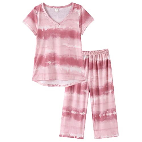 HONG HUI Women's Sleepwear Short Sleeve Top with Capri Pants Pajama Sets Comfy Pjs Sets Casual Loungewear Pink Medium