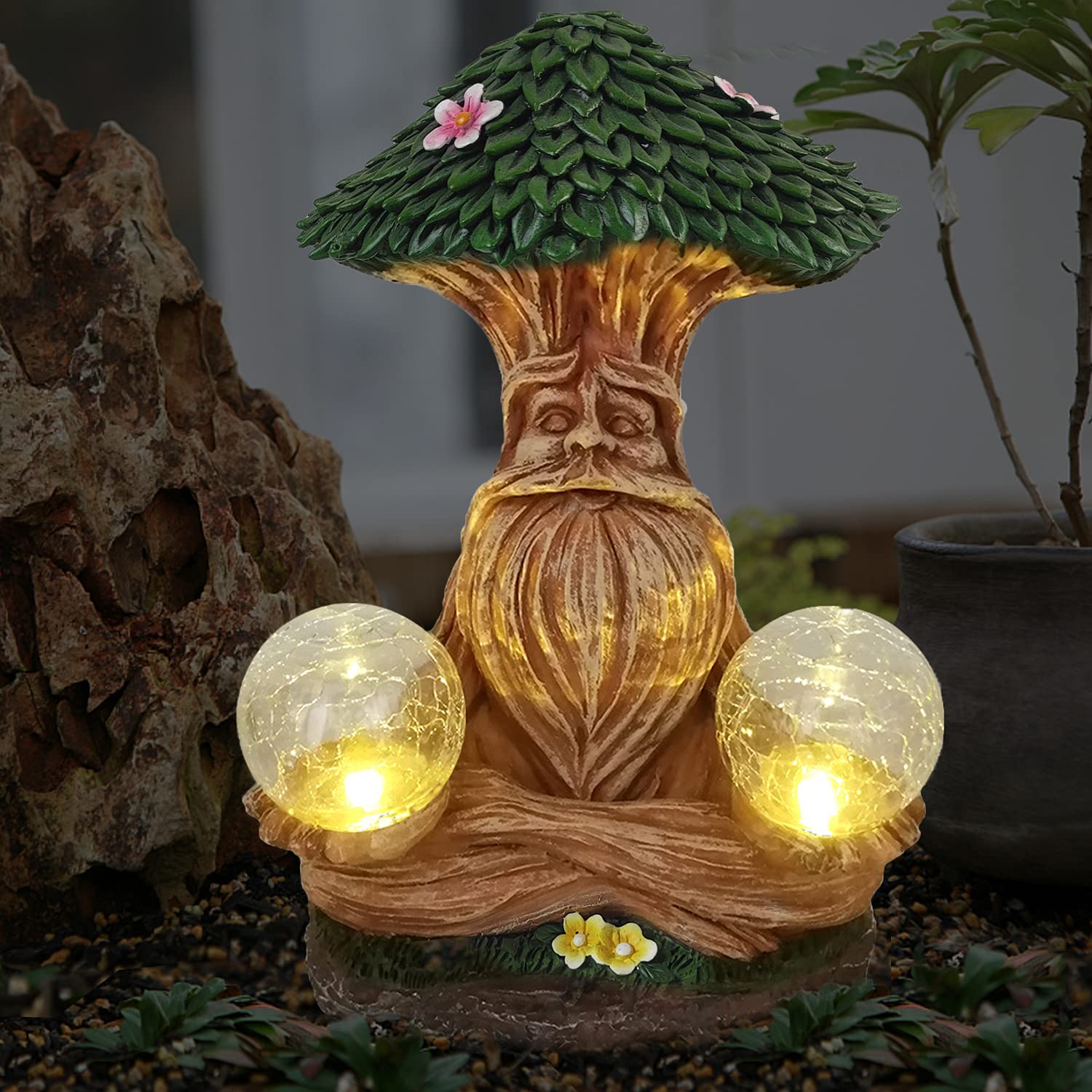 Zen Tree Man Solar Statue Meditation Old Man Figurine with LED Light Fairy Garden Tree Elf Gnome Statueďźfor Outdoor Decor Patio Yard Lawn Porch Halloween Decoration,11" Tall