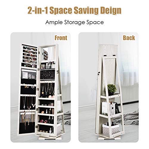 MAT EXPERT 360 Rotating Jewelry Armoire with Mirror, Freestanding Jewelry Storage Mirror w/78 Ring Slots, 24 Necklace Hooks, 120 Earring Slots, Lockable Standing Jewelry Organizer for Makeup (White)