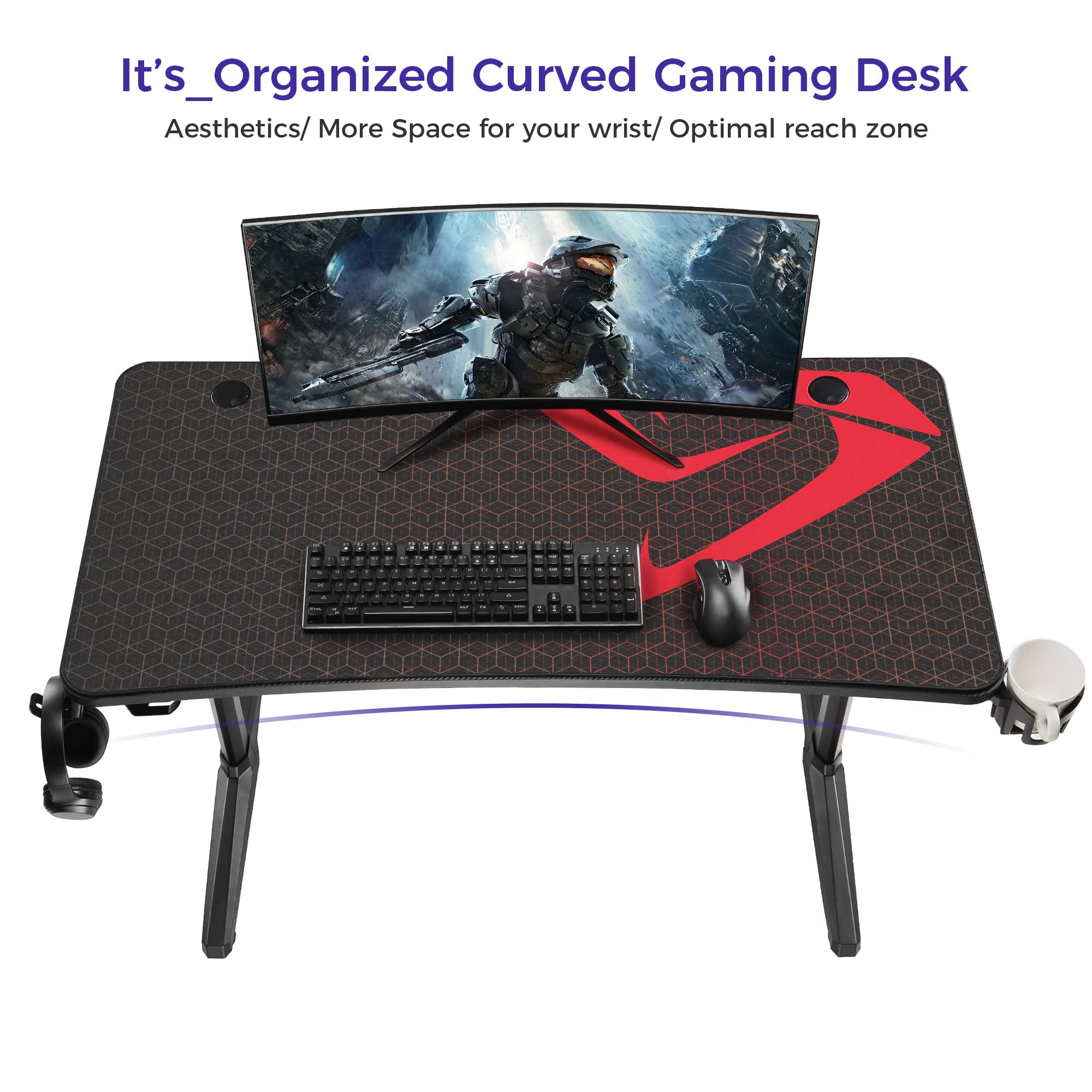It's_Organized 47 inch Gaming Desk Racing Style Computer Desk with Free Mouse pad, T-Shaped Professional Gamer Game Station with USB Gaming Handle Rack, Cup Holder & Headphone Hook,Black