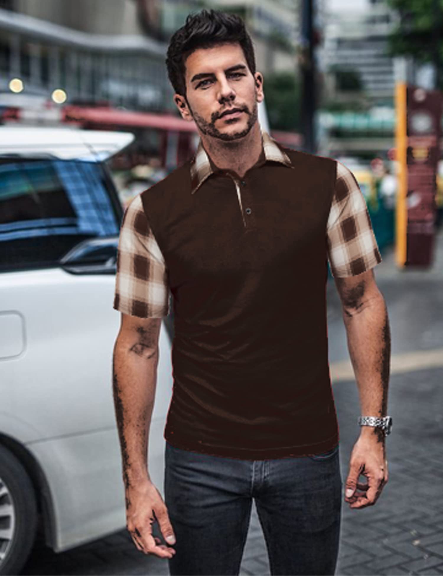 CHOMOLEZA Men's Casual Short Sleeve Polo Shirt Classic Plaid Collar Slim Fit T-Shirt Coffee M